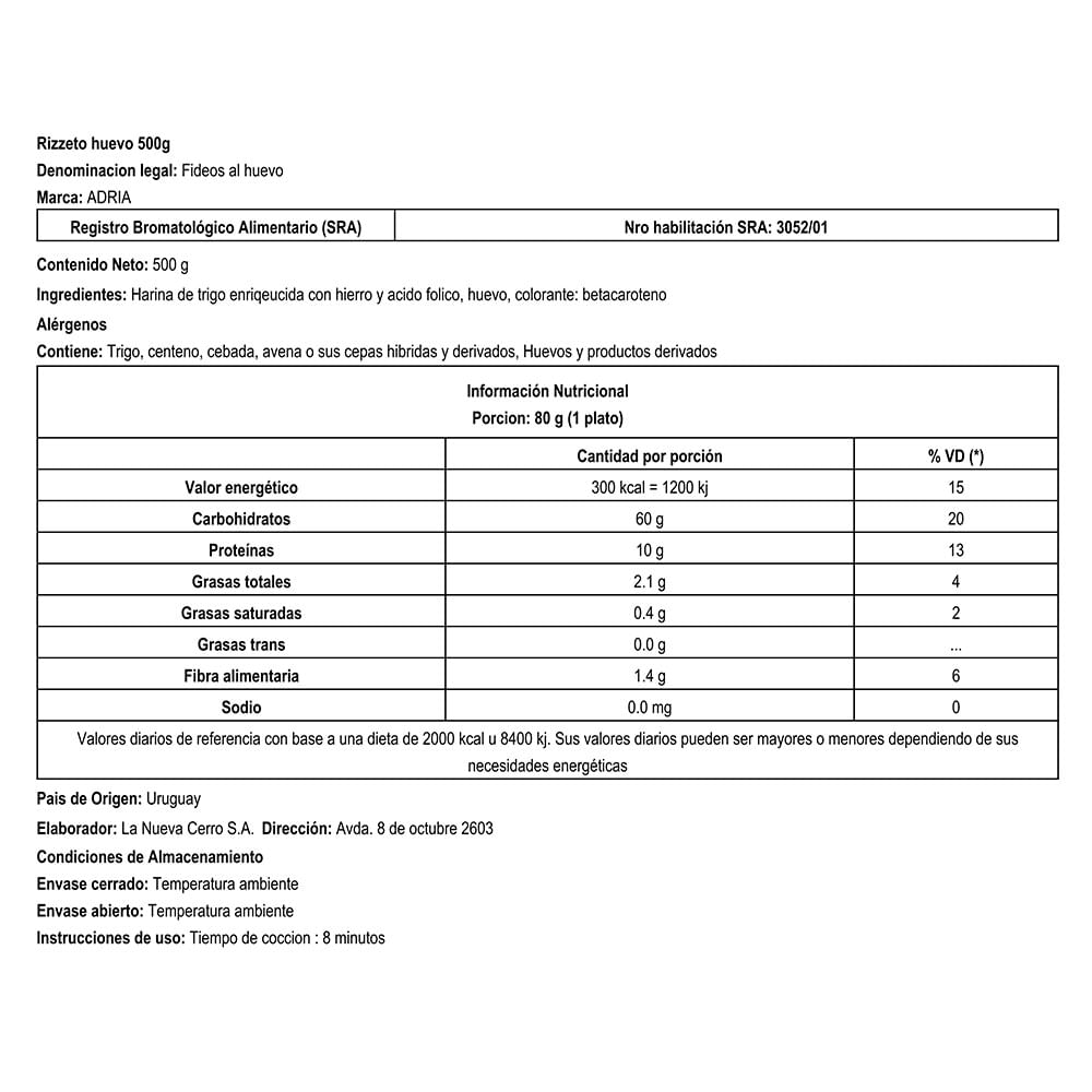 Fideos Al Huevo Adria Rizzeto 500 G