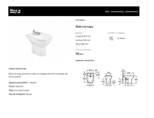 Bide Porcelana Blanco Monoblock Victoria Roca(solo Losa)